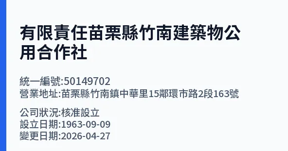 有限責任苗栗縣竹南建築物公用合作社的照片-統編 50149702(苗栗縣) 公司登記資料與營業項目詳細圖表
