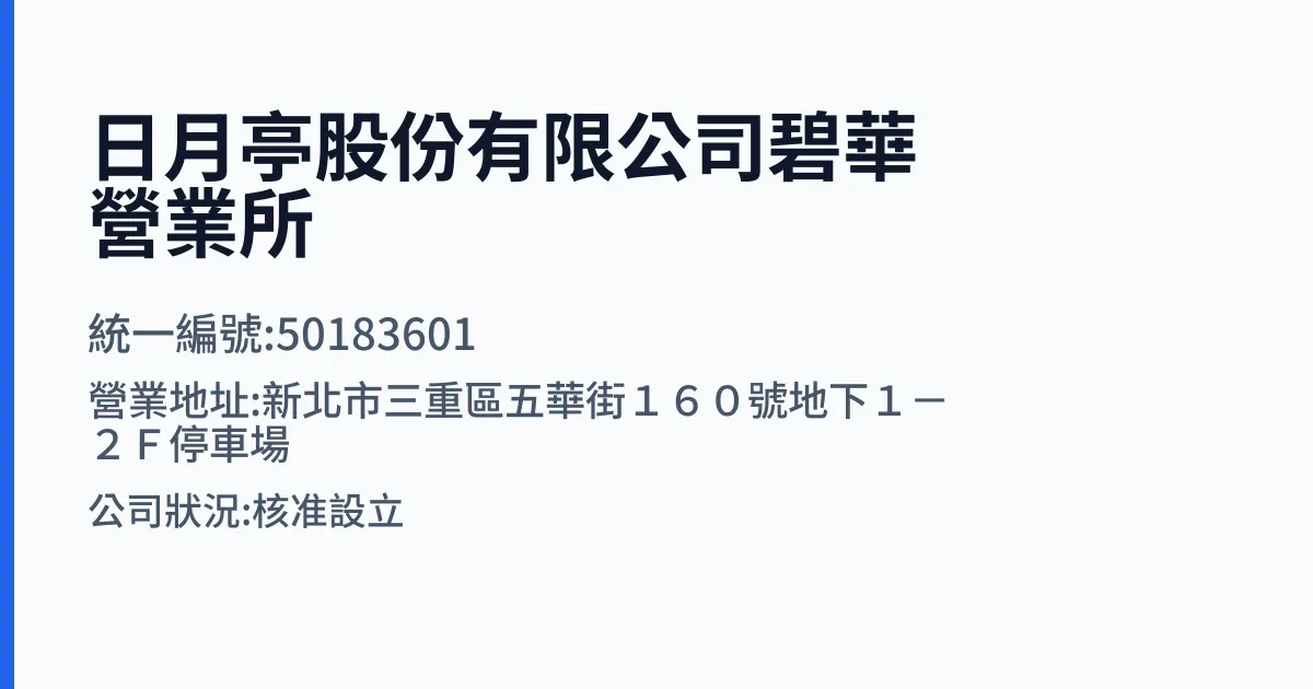 日月亭股份有限公司碧華營業所 - 統編 50183601(新北市) 公司登記資料與營業項目詳細圖表