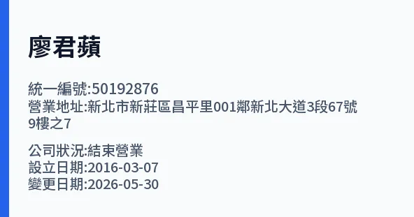 廖君蘋的照片-統編 50192876(新北市) 公司登記資料與營業項目詳細圖表