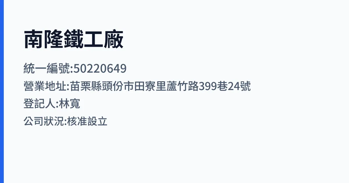 南隆鐵工廠 - 統編 50220649(苗栗縣) 公司登記資料與營業項目詳細圖表