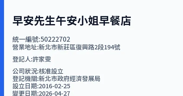 早安先生午安小姐早餐店的照片-統編 50222702(新北市) 公司登記資料與營業項目詳細圖表
