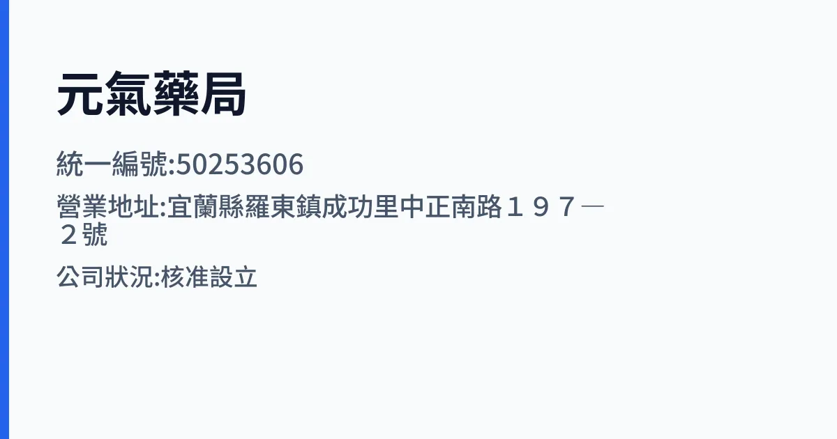 元氣藥局 - 統編 50253606(宜蘭縣) 公司登記資料與營業項目詳細圖表