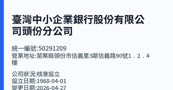 臺灣中小企業銀行股份有限公司頭份分公司的照片-統編 50291209(苗栗縣) 公司登記資料與營業項目詳細圖表