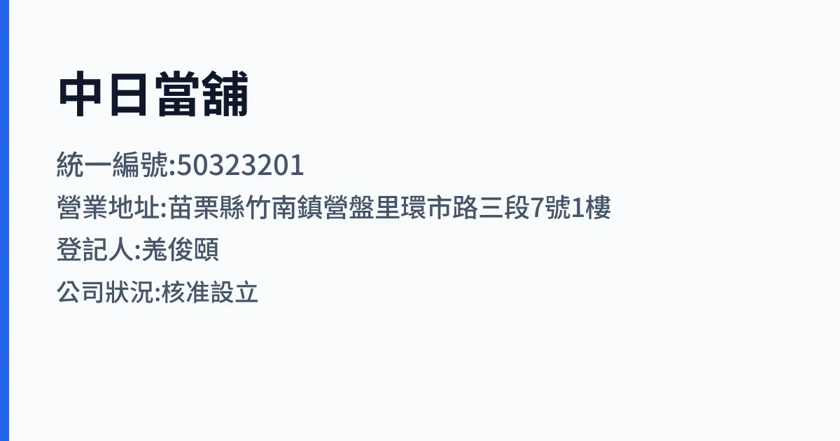 中日當舖 - 統編 50323201(苗栗縣) 公司登記資料與營業項目詳細圖表