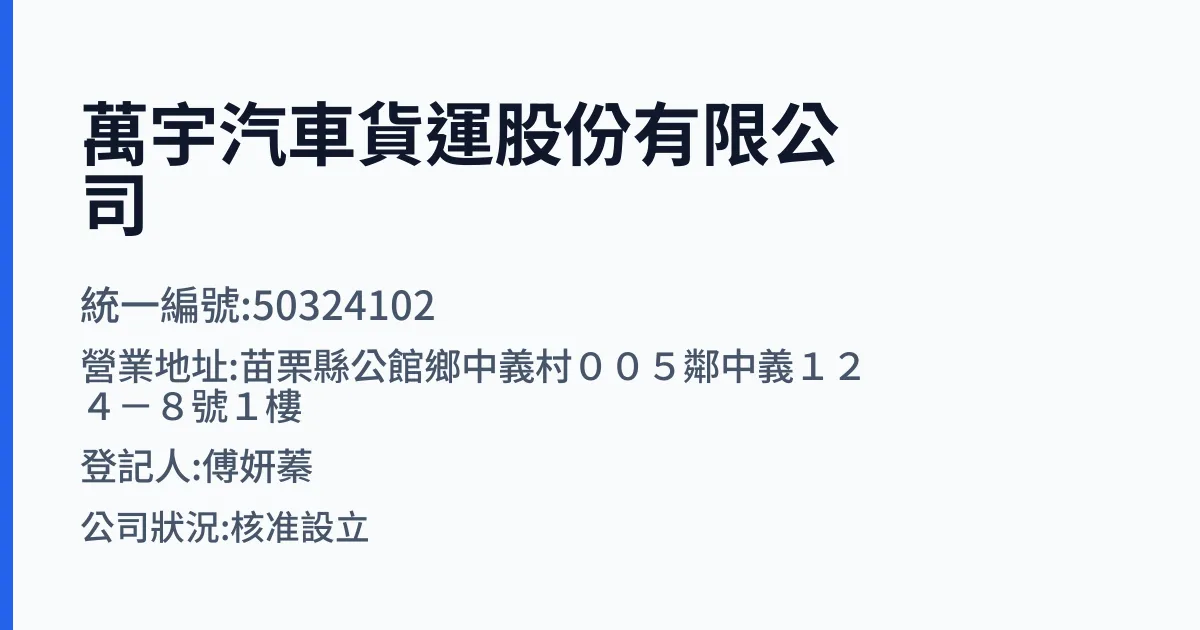 萬宇汽車貨運股份有限公司 - 統編 50324102(苗栗縣) 公司登記資料與營業項目詳細圖表