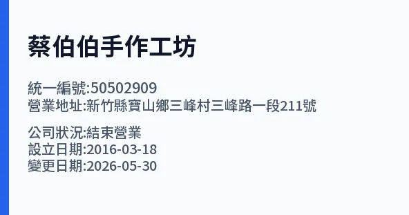 蔡伯伯手作工坊的照片-統編 50502909(新竹縣) 公司登記資料與營業項目詳細圖表