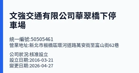 文強交通有限公司華翠橋下停車場的照片-統編 50505461(新北市) 公司登記資料與營業項目詳細圖表