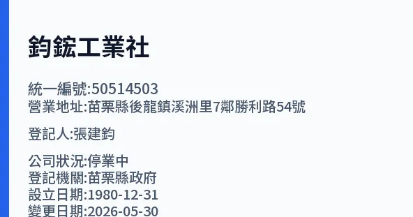 鈞鋐工業社的照片-統編 50514503(苗栗縣) 公司登記資料與營業項目詳細圖表