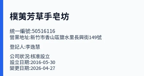 樸荑芳草手皂坊的照片-統編 50516116(新竹市) 公司登記資料與營業項目詳細圖表