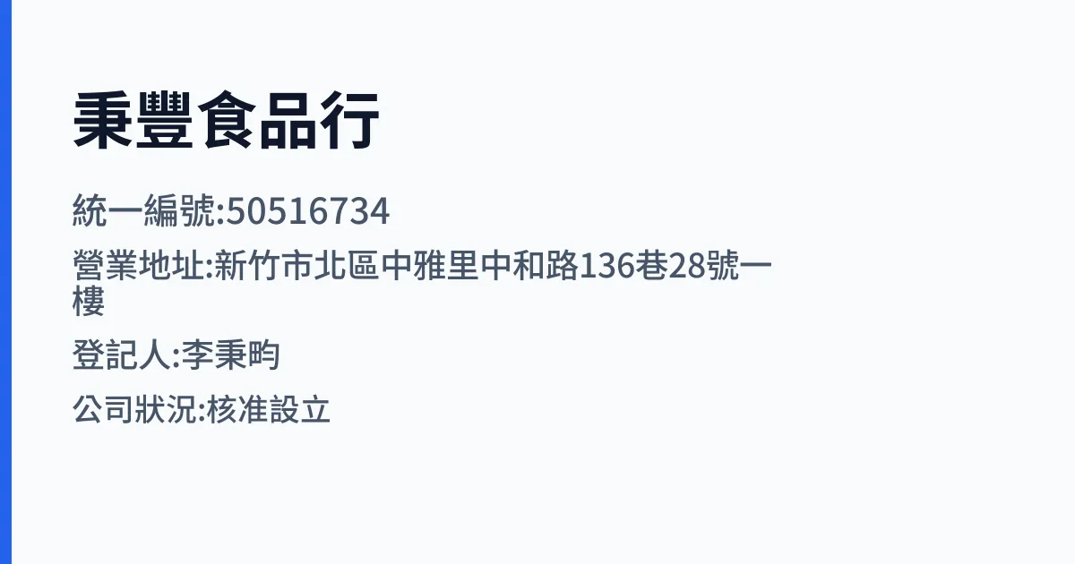 秉豐食品行 - 統編 50516734(新竹市) 公司登記資料與營業項目詳細圖表