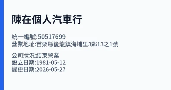 陳在個人汽車行的照片-統編 50517699(苗栗縣) 公司登記資料與營業項目詳細圖表