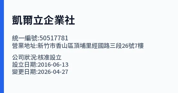 凱爾立企業社的照片-統編 50517781(新竹市) 公司登記資料與營業項目詳細圖表