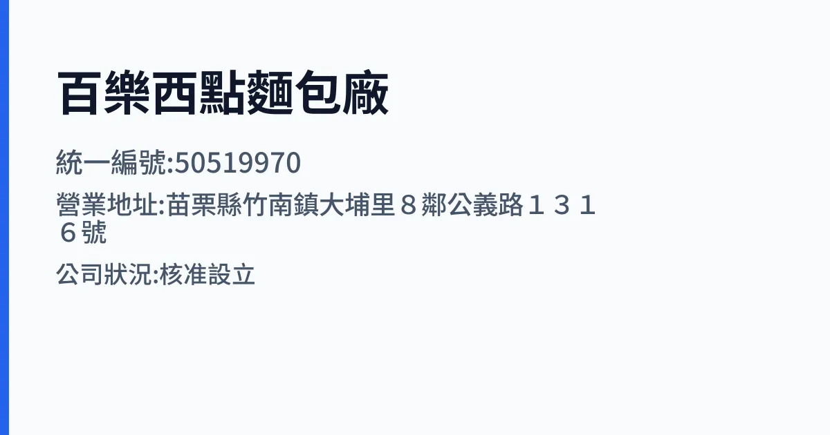 百樂西點麵包廠 - 統編 50519970(苗栗縣) 公司登記資料與營業項目詳細圖表