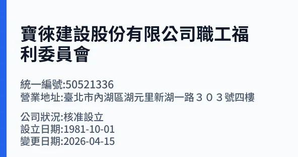 寶徠建設股份有限公司職工福利委員會的照片-統編 50521336(臺北市) 公司登記資料與營業項目詳細圖表