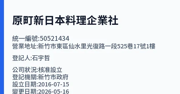 原町新日本料理企業社的照片-統編 50521434(新竹市) 公司登記資料與營業項目詳細圖表