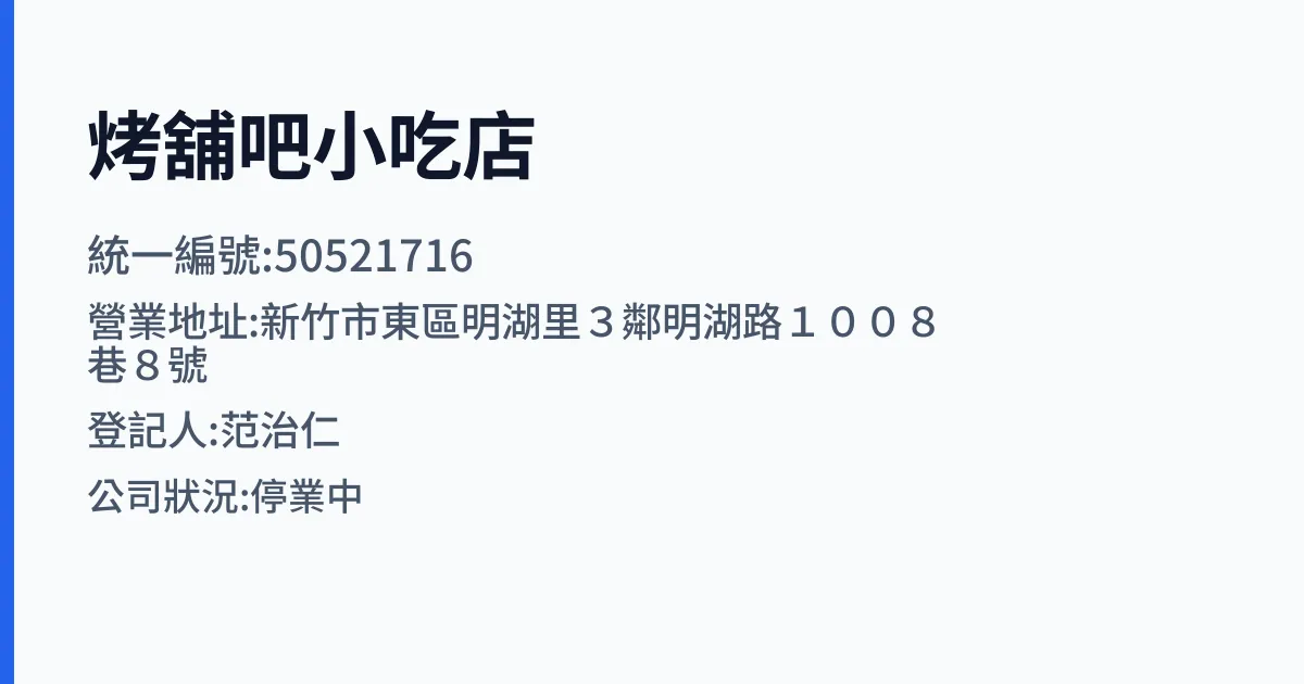 烤舖吧小吃店 - 統編 50521716(新竹市) 公司登記資料與營業項目詳細圖表
