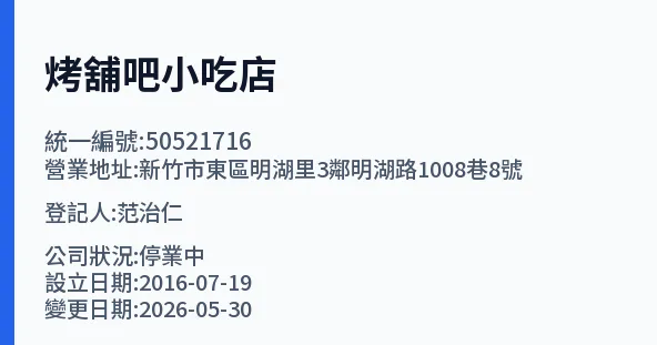 烤舖吧小吃店的照片-統編 50521716(新竹市) 公司登記資料與營業項目詳細圖表