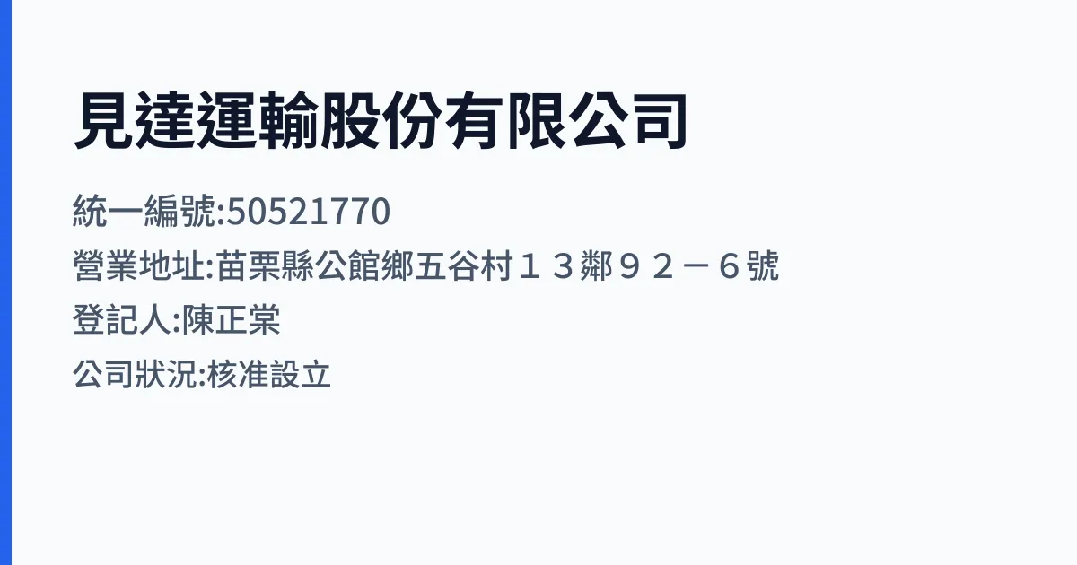 見達運輸股份有限公司 - 統編 50521770(苗栗縣) 公司登記資料與營業項目詳細圖表