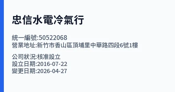 忠信水電冷氣行的照片-統編 50522068(新竹市) 公司登記資料與營業項目詳細圖表