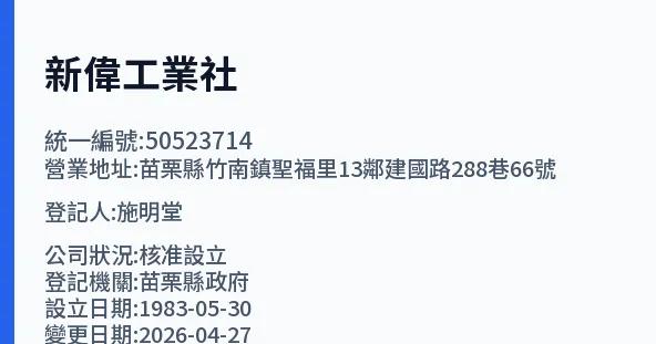 新偉工業社的照片-統編 50523714(苗栗縣) 公司登記資料與營業項目詳細圖表