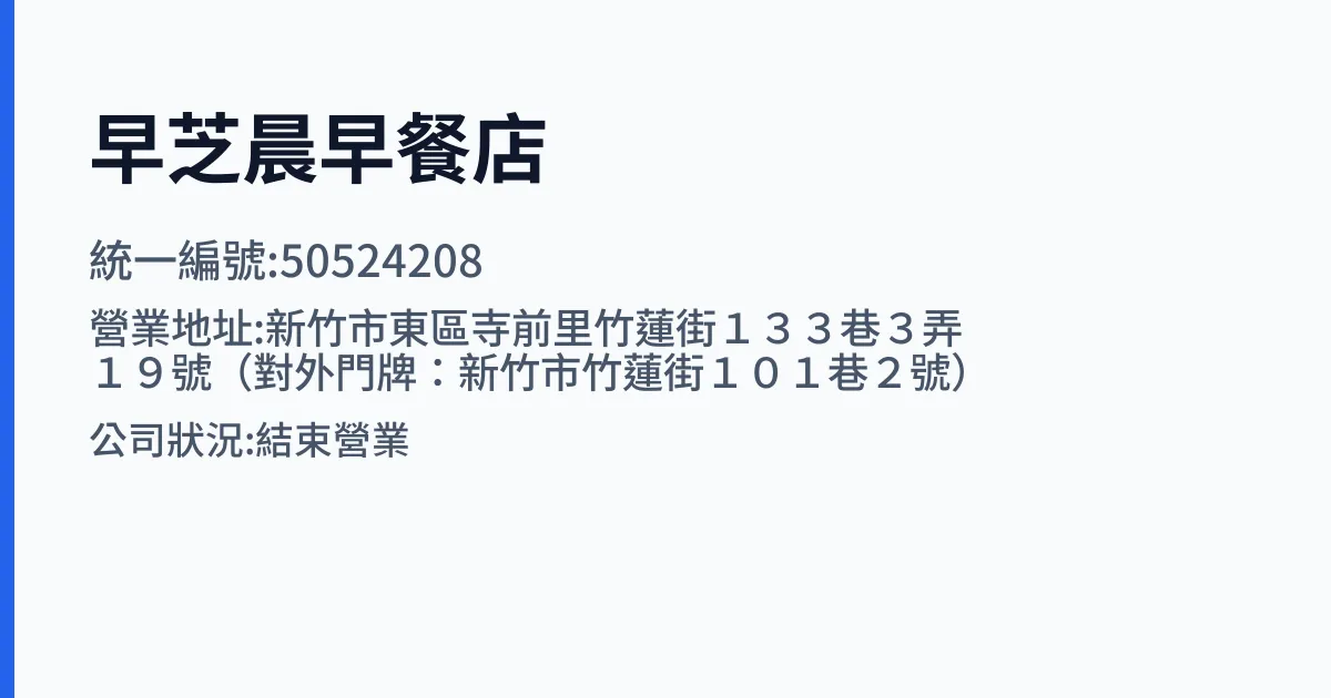 早芝晨早餐店 - 統編 50524208(新竹市) 公司登記資料與營業項目詳細圖表