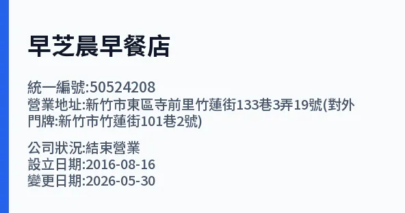 早芝晨早餐店的照片-統編 50524208(新竹市) 公司登記資料與營業項目詳細圖表