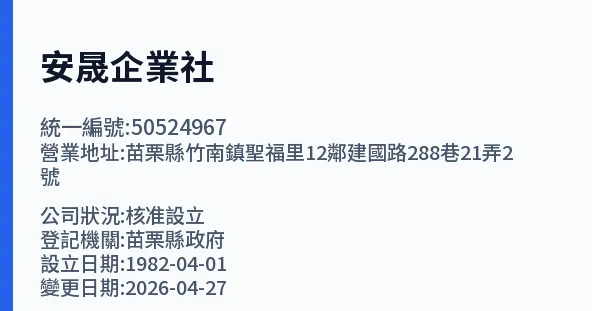 安晟企業社的照片-統編 50524967(苗栗縣) 公司登記資料與營業項目詳細圖表