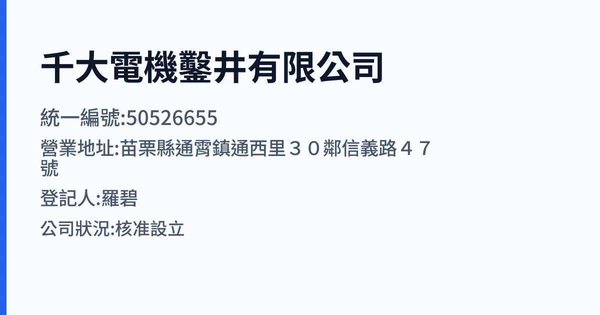 千大電機鑿井有限公司 - 統編 50526655(苗栗縣) 公司登記資料與營業項目詳細圖表