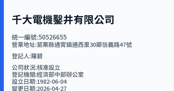 千大電機鑿井有限公司的照片-統編 50526655(苗栗縣) 公司登記資料與營業項目詳細圖表