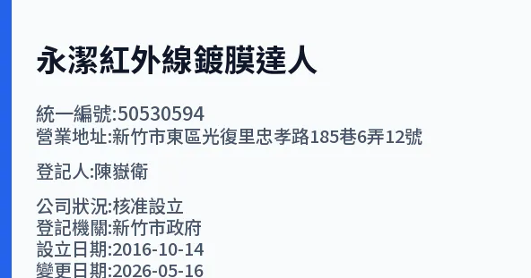 永潔紅外線鍍膜達人的照片-統編 50530594(新竹市) 公司登記資料與營業項目詳細圖表