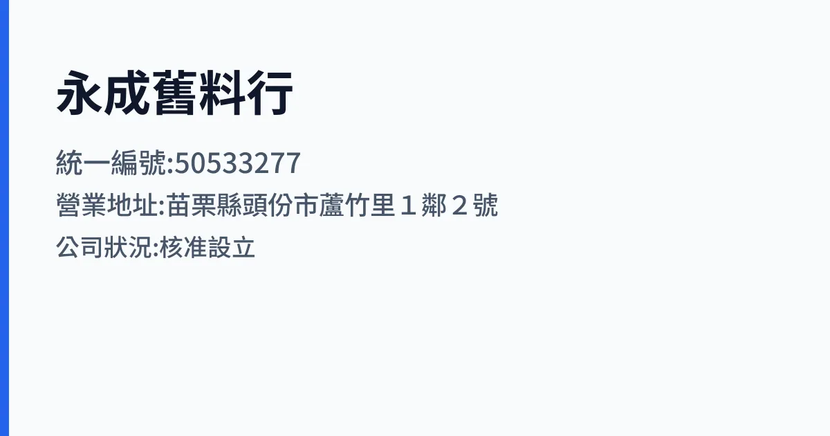 永成舊料行 - 統編 50533277(苗栗縣) 公司登記資料與營業項目詳細圖表