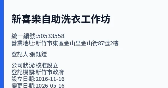 新喜樂自助洗衣工作坊的照片-統編 50533558(新竹市) 公司登記資料與營業項目詳細圖表