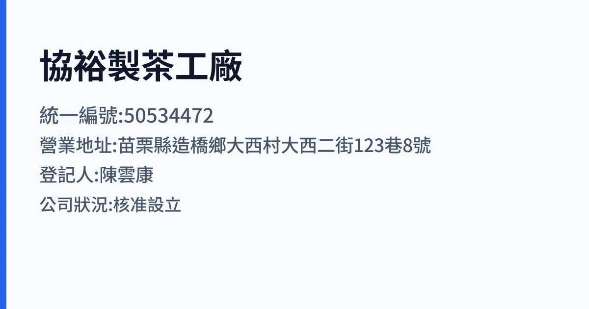 協裕製茶工廠 - 統編 50534472(苗栗縣) 公司登記資料與營業項目詳細圖表