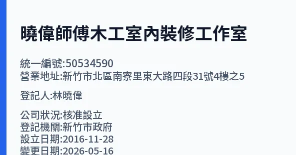 曉偉師傅木工室內裝修工作室的照片-統編 50534590(新竹市) 公司登記資料與營業項目詳細圖表
