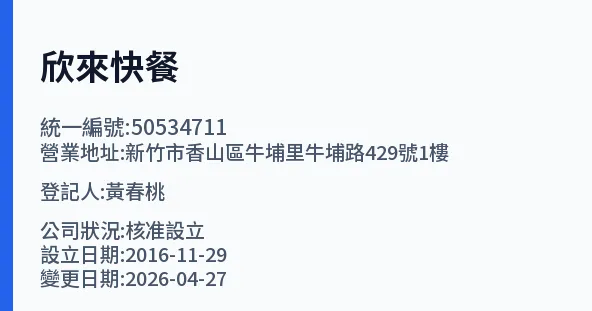 欣來快餐的照片-統編 50534711(新竹市) 公司登記資料與營業項目詳細圖表