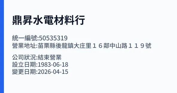 鼎昇水電材料行的照片-統編 50535319(苗栗縣) 公司登記資料與營業項目詳細圖表