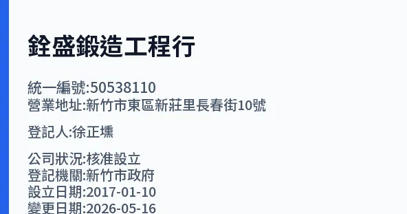 銓盛鍛造工程行的照片-統編 50538110(新竹市) 公司登記資料與營業項目詳細圖表