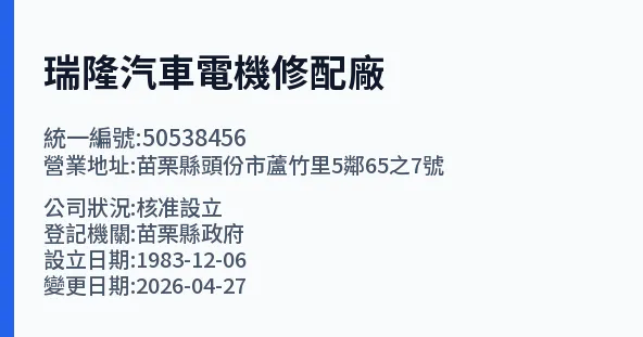 瑞隆汽車電機修配廠的照片-統編 50538456(苗栗縣) 公司登記資料與營業項目詳細圖表