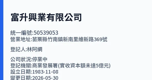 富升興業有限公司的照片-統編 50539053(苗栗縣) 公司登記資料與營業項目詳細圖表