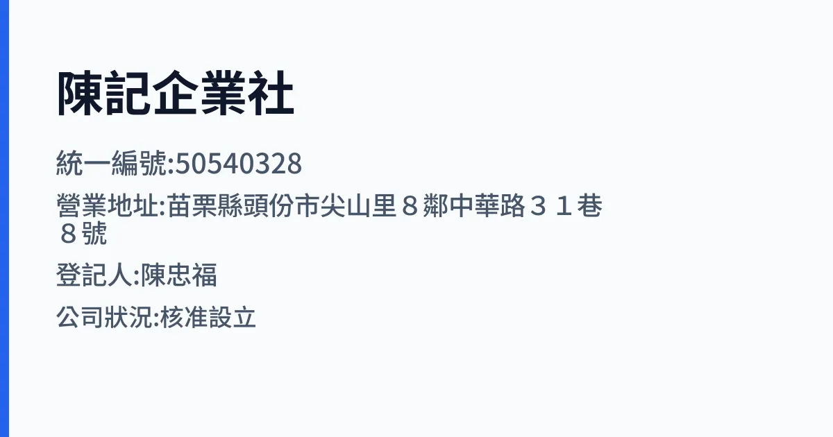 陳記企業社 - 統編 50540328(苗栗縣) 公司登記資料與營業項目詳細圖表