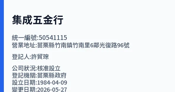 集成五金行的照片-統編 50541115(苗栗縣) 公司登記資料與營業項目詳細圖表