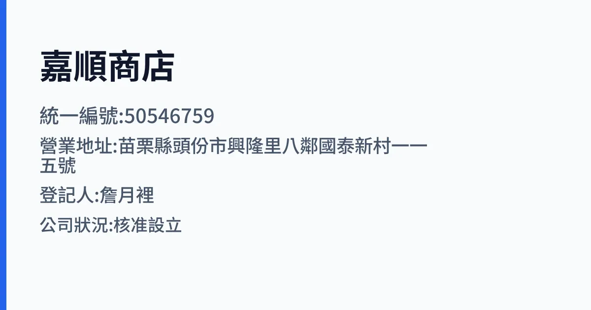 嘉順商店 - 統編 50546759(苗栗縣) 公司登記資料與營業項目詳細圖表