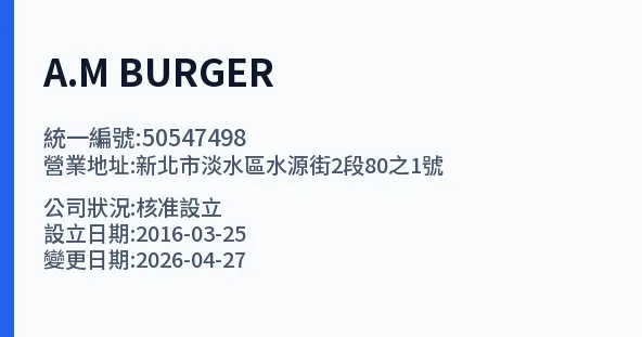 A.M BURGER的照片-統編 50547498(新北市) 公司登記資料與營業項目詳細圖表