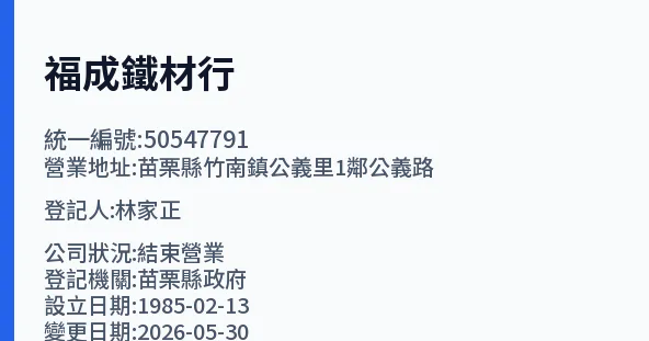 福成鐵材行的照片-統編 50547791(苗栗縣) 公司登記資料與營業項目詳細圖表