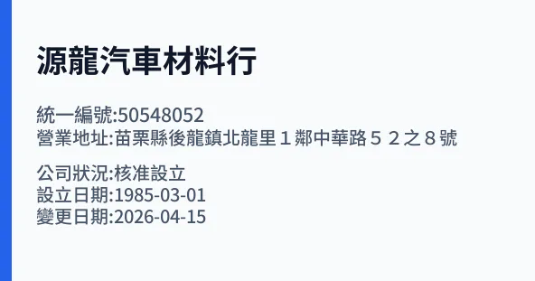 源龍汽車材料行的照片-統編 50548052(苗栗縣) 公司登記資料與營業項目詳細圖表
