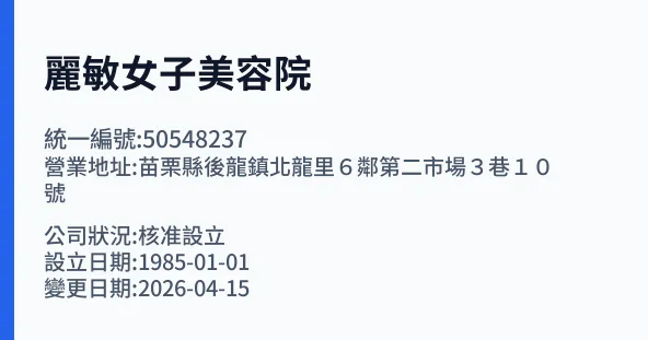 麗敏女子美容院的照片-統編 50548237(苗栗縣) 公司登記資料與營業項目詳細圖表