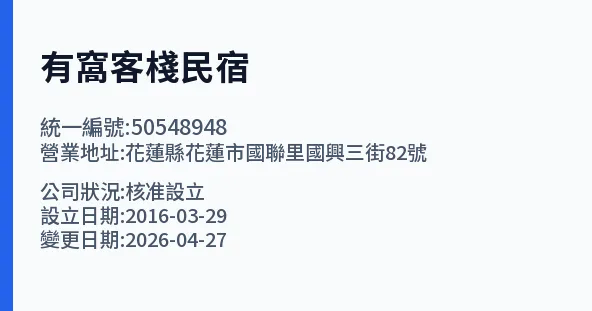 有窩客棧民宿的照片-統編 50548948(花蓮縣) 公司登記資料與營業項目詳細圖表