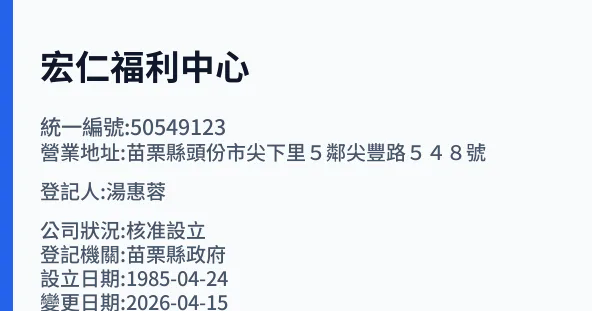 宏仁福利中心的照片-統編 50549123(苗栗縣) 公司登記資料與營業項目詳細圖表
