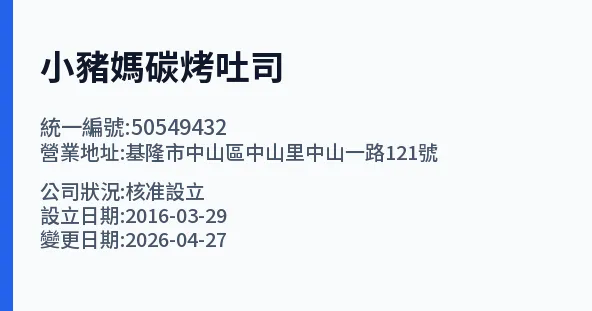 小豬媽碳烤吐司的照片-統編 50549432(基隆市) 公司登記資料與營業項目詳細圖表