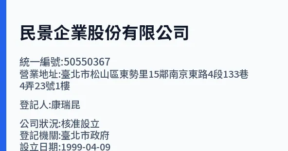 民景企業股份有限公司的照片-統編 50550367(臺北市) 公司登記資料與營業項目詳細圖表